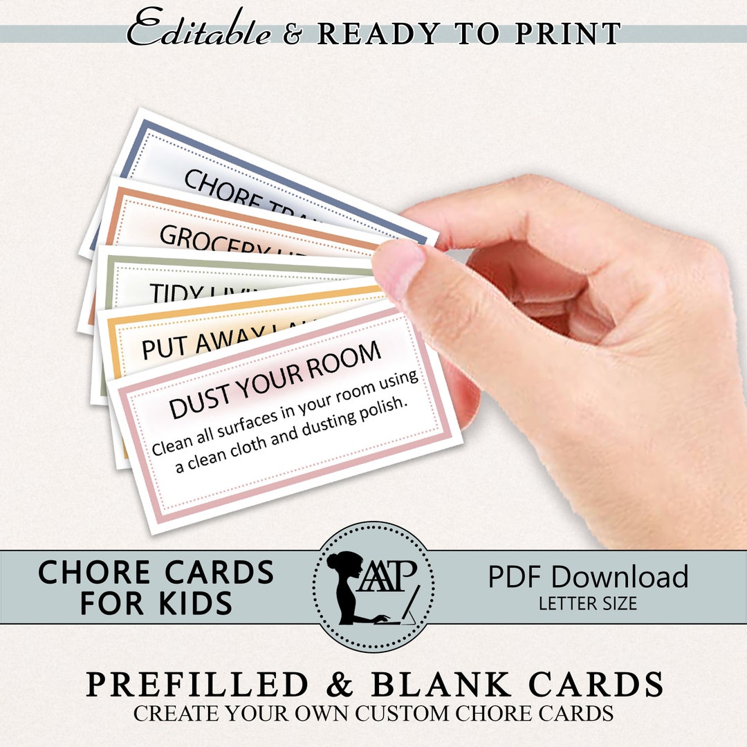 Editable Chore Cards for Kids Printable | Cleaning Tasks | Allowance ...