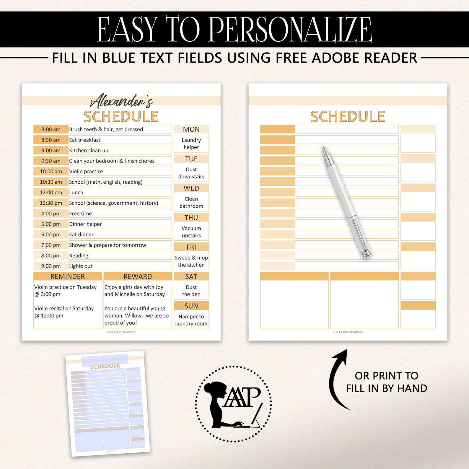 Editable Daily Schedule for Kids Printable Bundle | Weekly Chore Chart ...