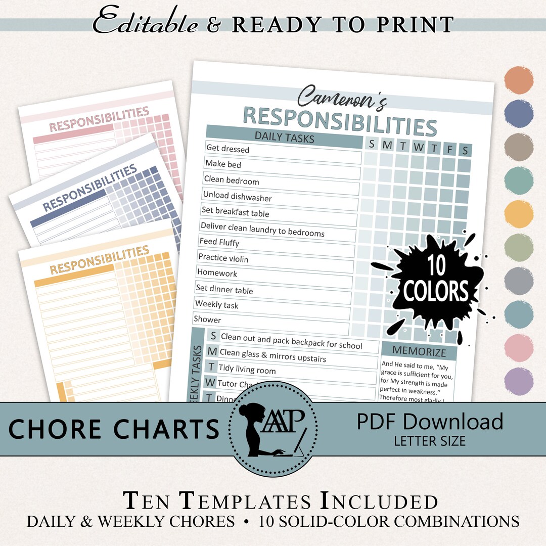 Editable Chore Chart for Kids Printable Bundle Responsibility Checklist ...