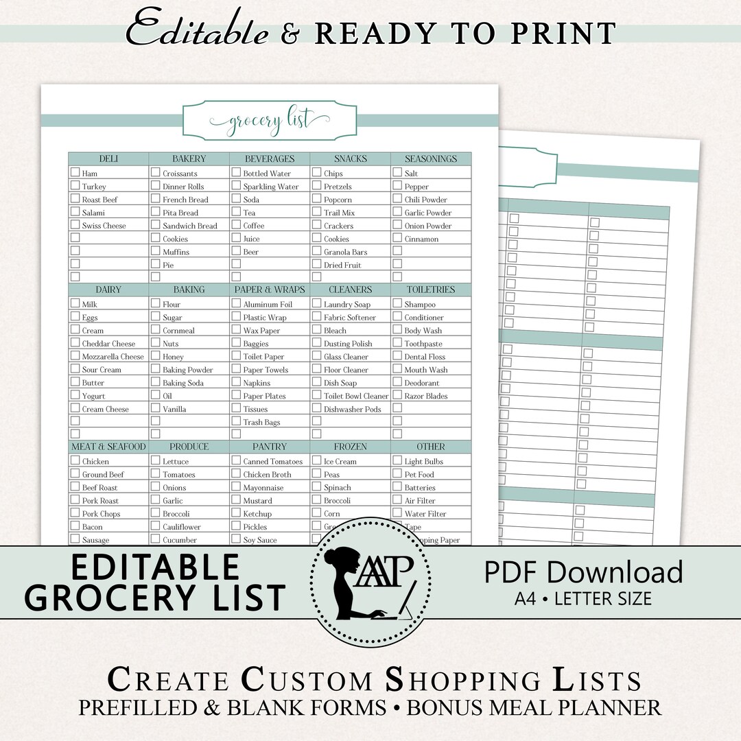 Editable Grocery List Template, Shopping List Printable, Customized ...