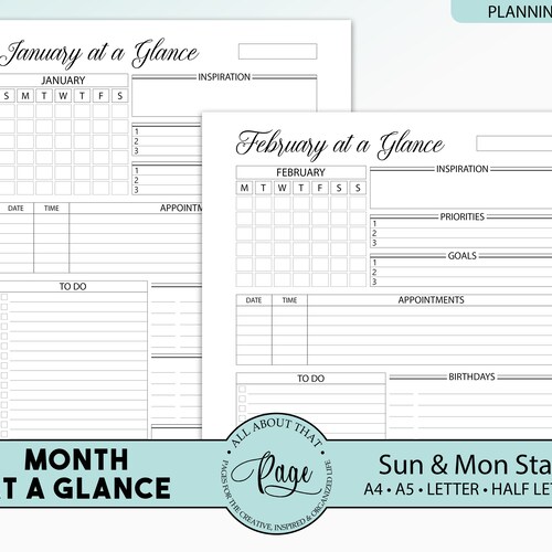 Month at a Glance Monthly Planner Undated Monthly Layout - Etsy