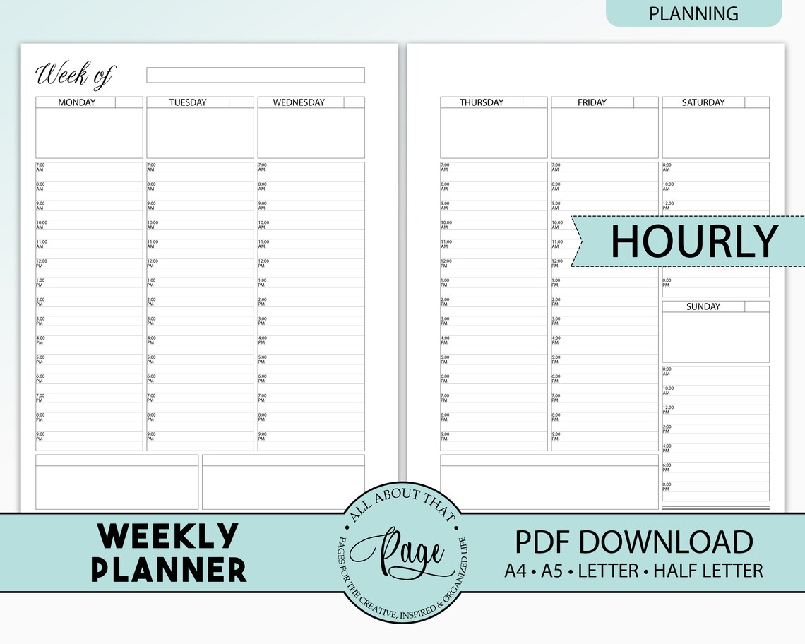 Weekly Planner Printable 2 Page Spread Hourly Week on Two - Etsy Canada