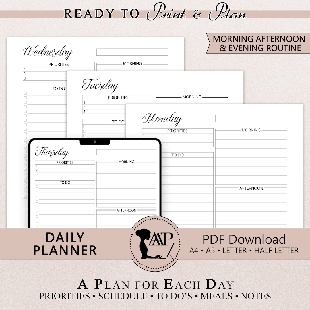 Daily Planner Printable Digital | One Page Routine Schedule | Meal ...