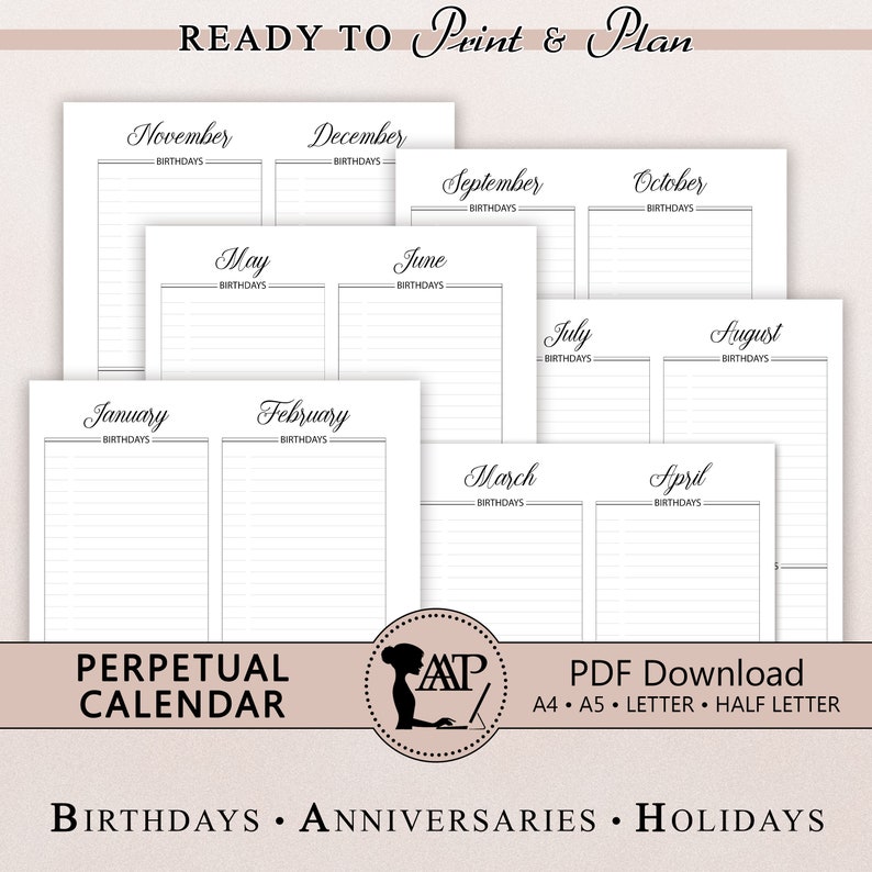 Perpetual Calendar Printable | Planner Insert | Annual Birthday Events ...