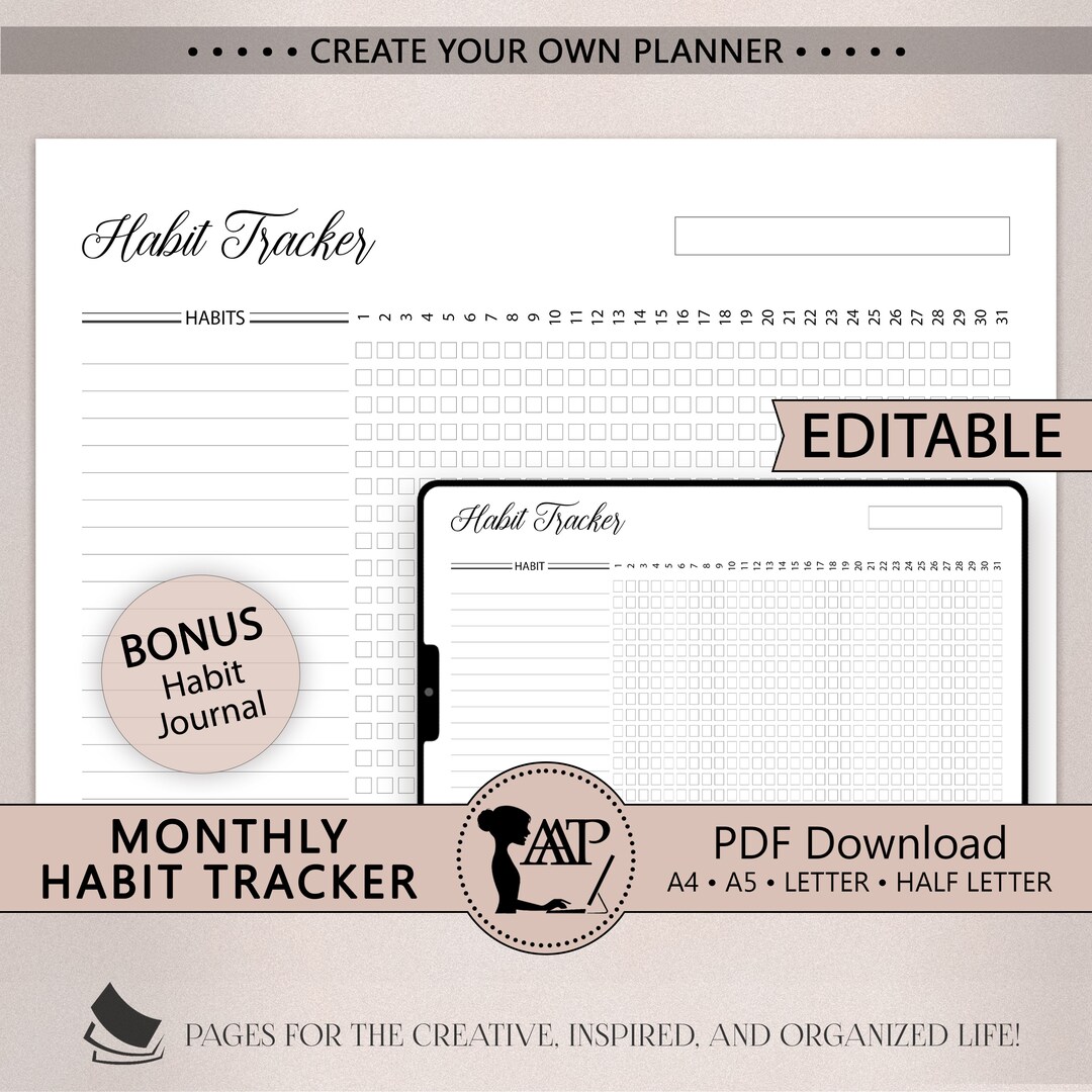 Buy Editable Monthly Habit Tracker Printable Digital Habits Journal 30 ...