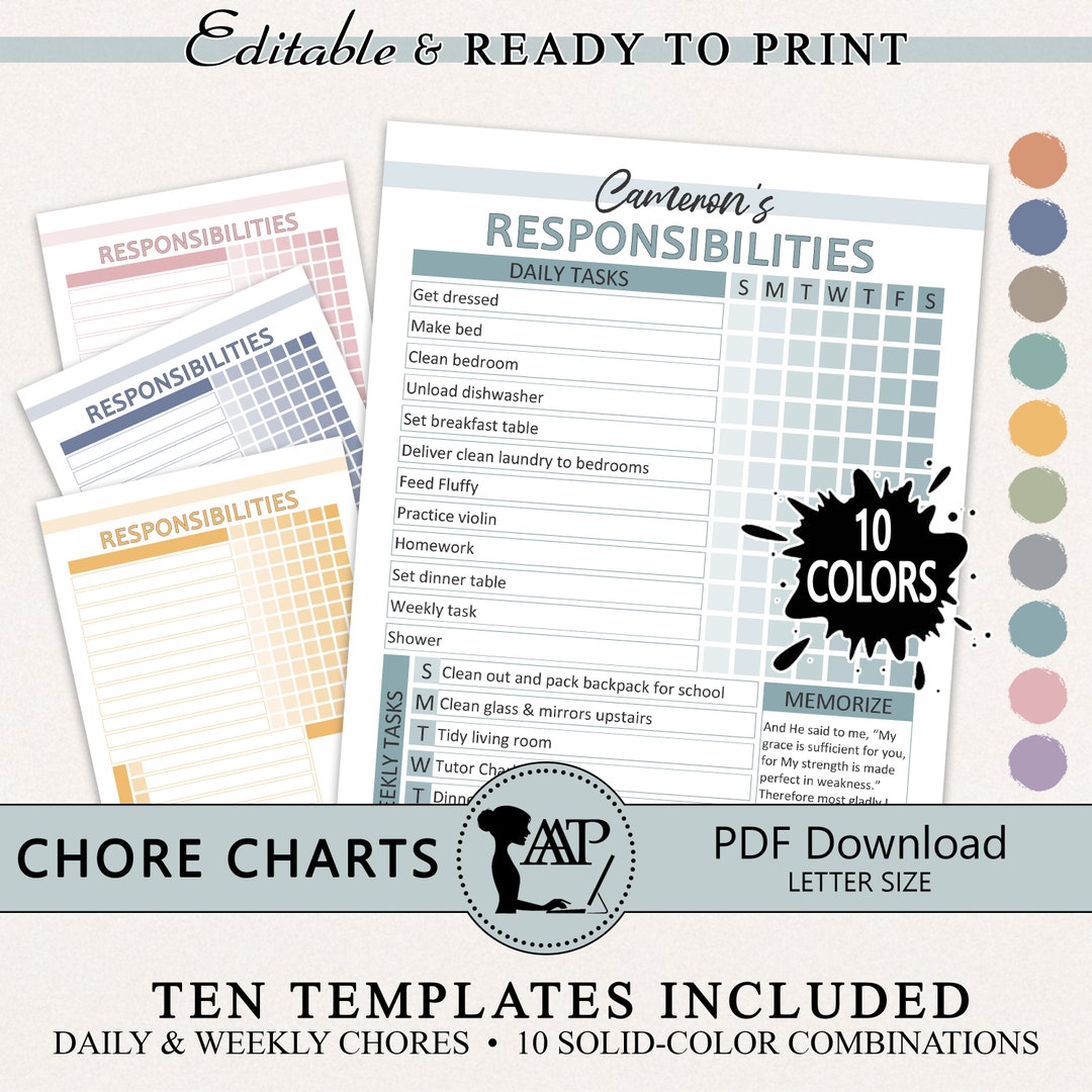 Editable Chore Chart for Kids Printable Bundle | Responsibility ...