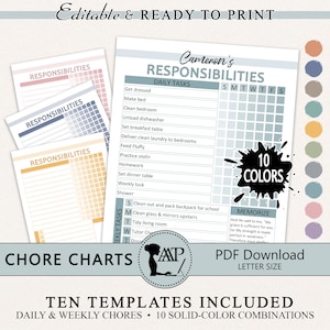 Editable Chore Chart for Kids Printable Bundle | Responsibility ...