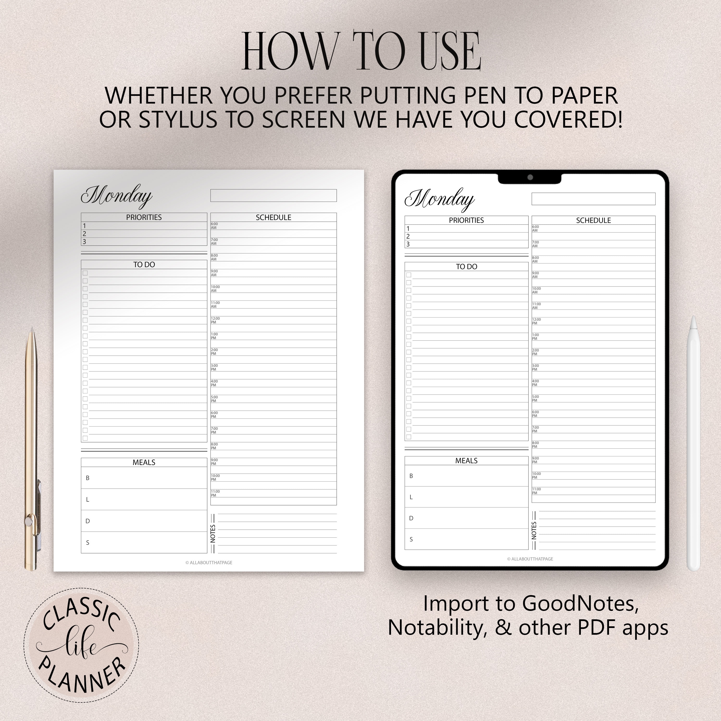 Daily Planner Printable Digital | Hourly One Page Schedule | Meal ...