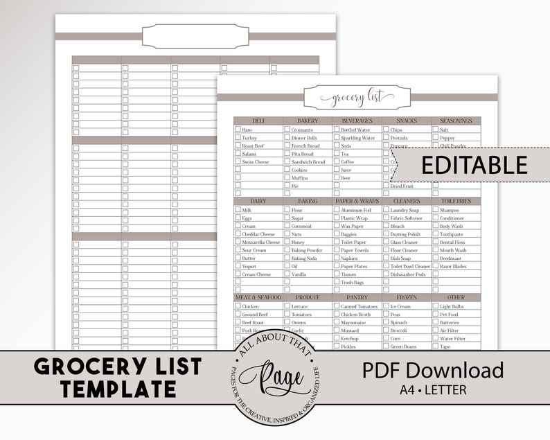 Editable Grocery List Template Shopping List Printable | Etsy
