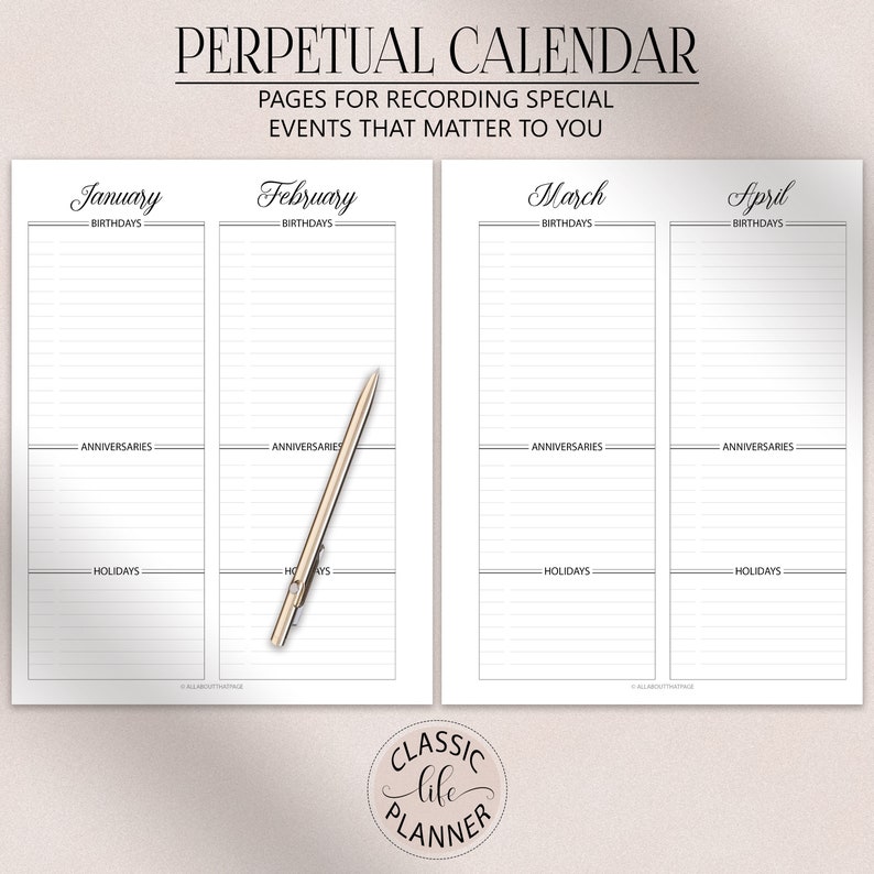 Perpetual Calendar Printable | Planner Insert | Annual Birthday Events ...