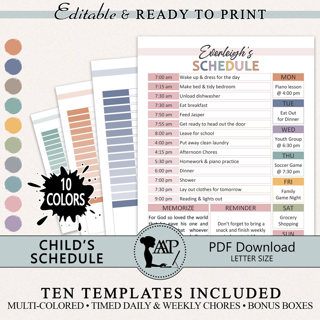 Editable Daily Schedule for Kids Printable Bundle | Weekly Chore Chart ...