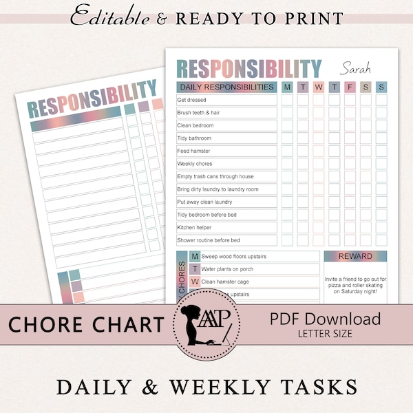 Chore Chart for Teens Editable - Etsy