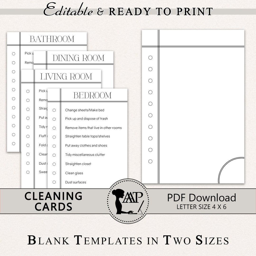 EDITABLE Cleaning Cards, Room by Room Chores, Daily Weekly Checklist ...