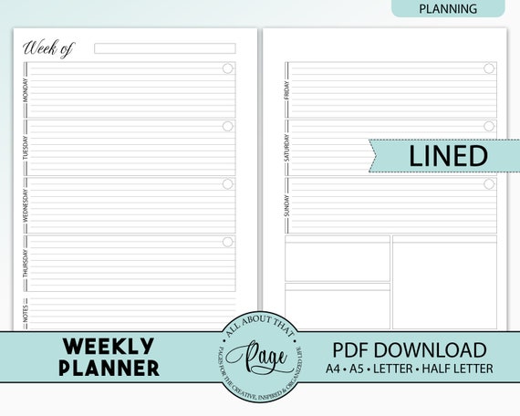 Weekly Planner Pages Printable in Letter and Half-Letter Paper & Party ...