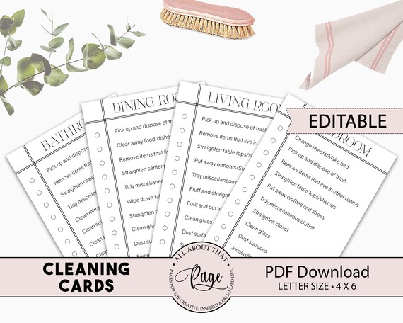 EDITABLE Cleaning Cards Room by Room Chores Daily Weekly - Etsy