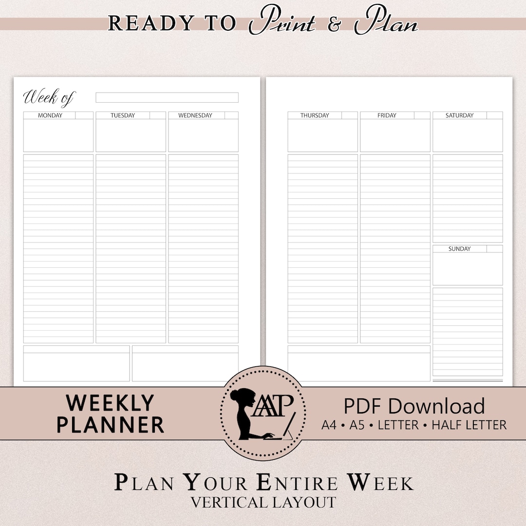 Weekly Planner Printable | Vetical Lined 2 Page Layout | Week on Two ...