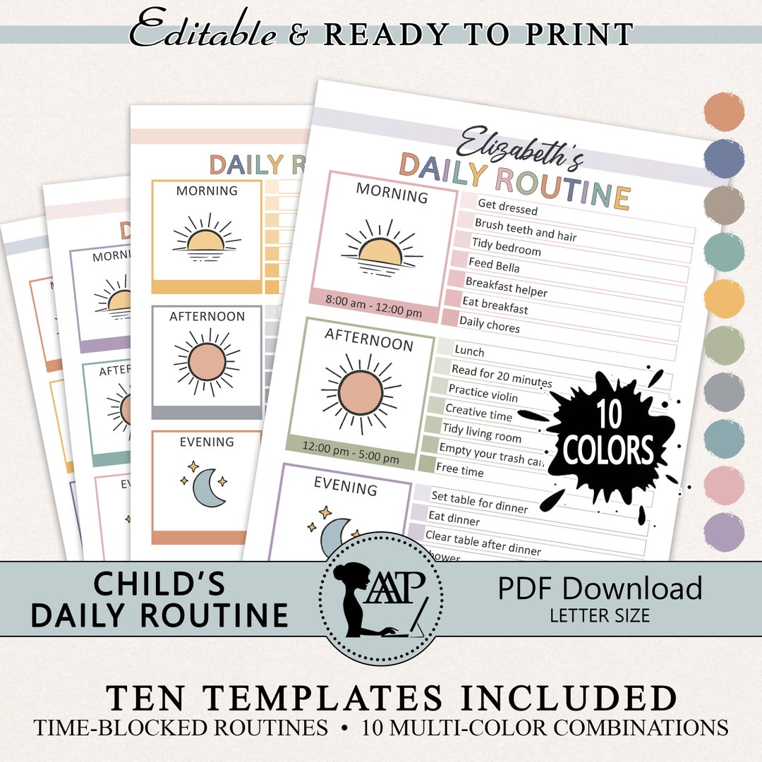 Editable Daily Schedule for Kids Printable Bundle | Weekly Chore Chart ...