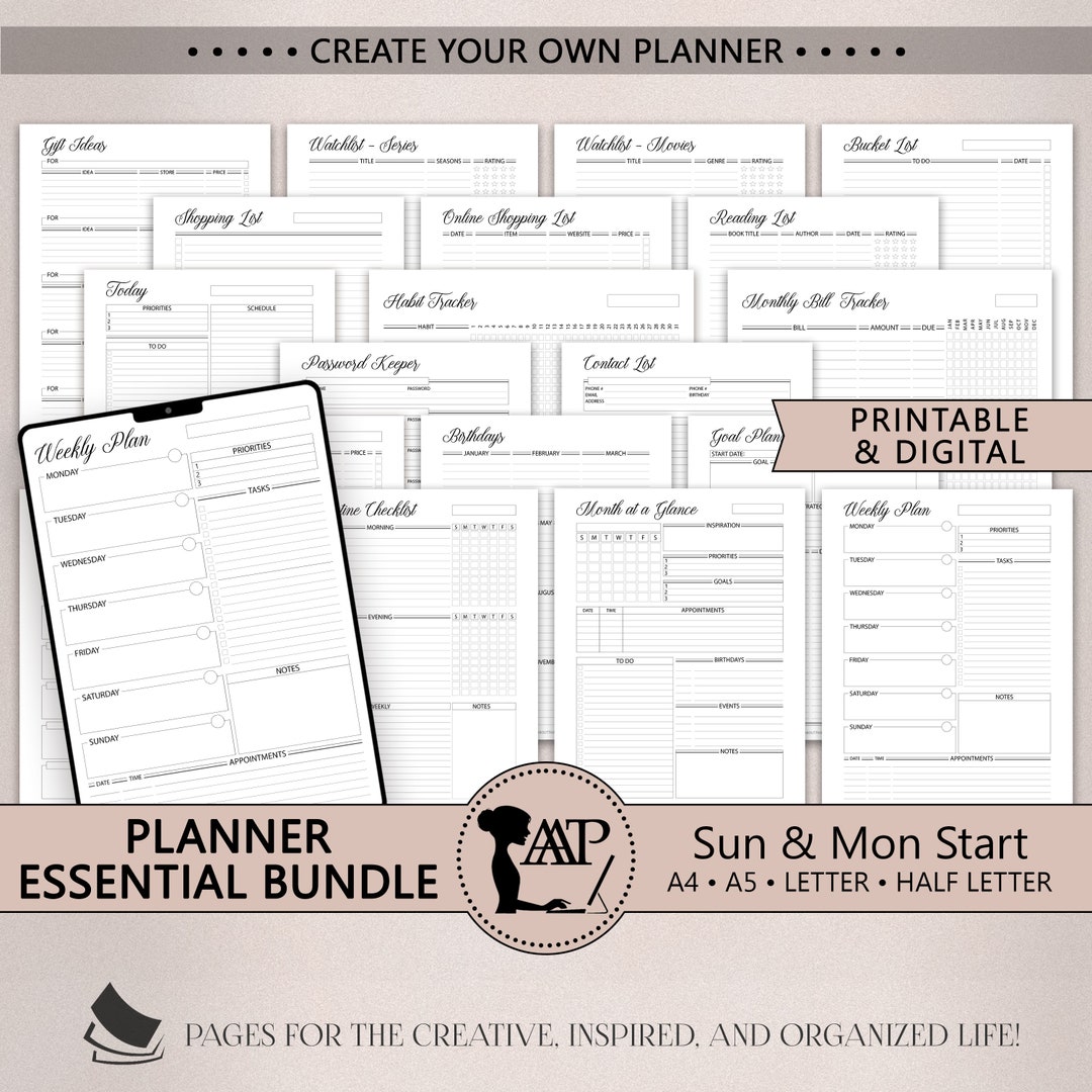 Planner Essentials Bundle Printable Digital Monthly Weekly Daily ...