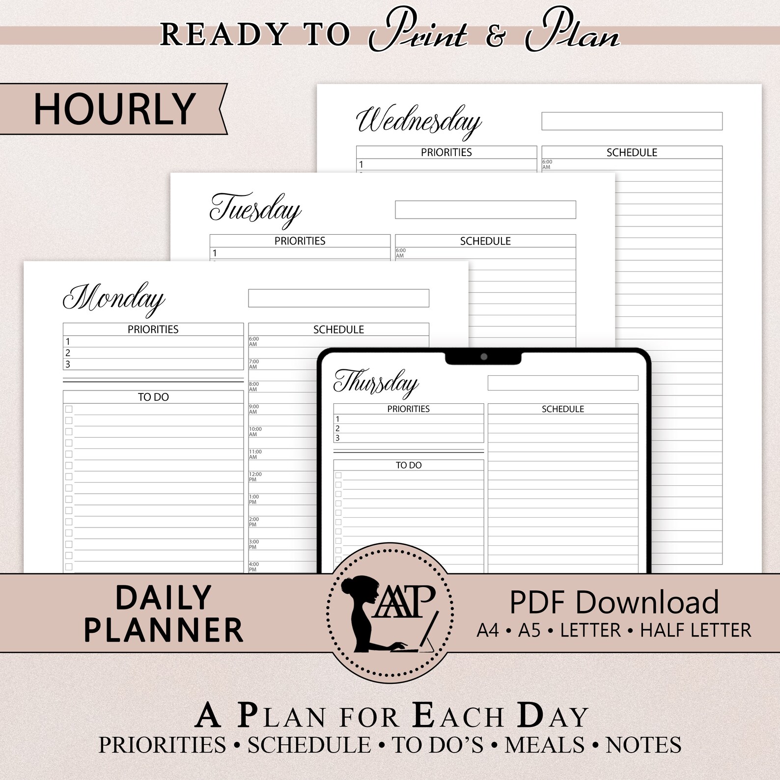 Daily Planner Printable Digital | Hourly One Page Schedule | Meal ...