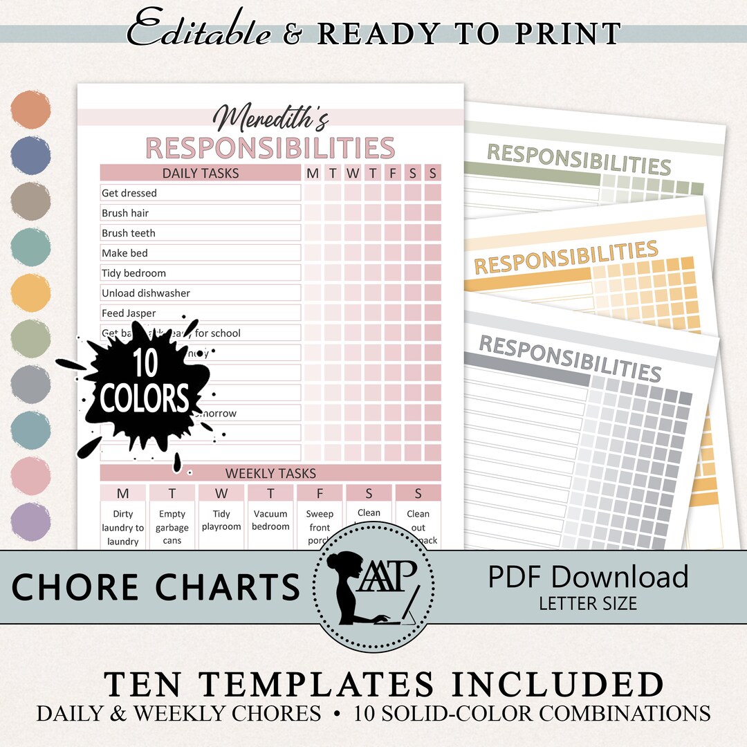 Editable Chore Chart for Kids Printable Bundle | Responsibility ...
