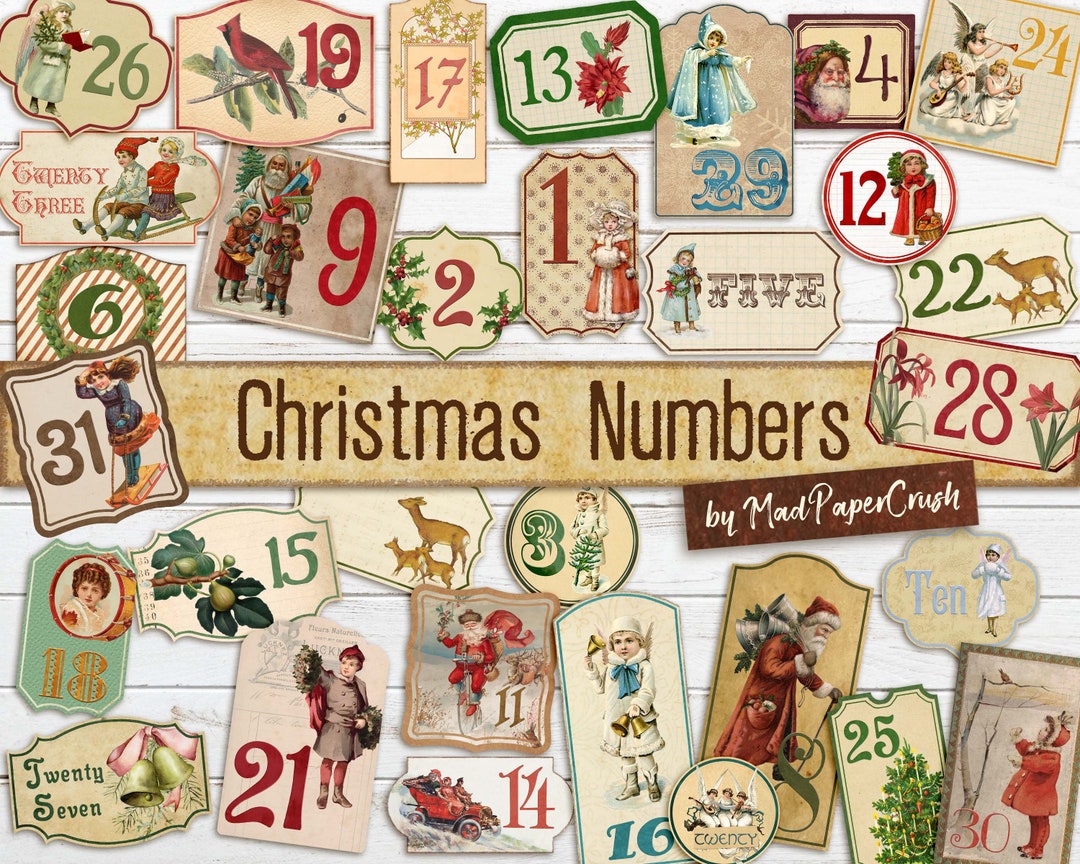 Vintage Christmas Themed Number Digital Labels | Daily December Numbers ...
