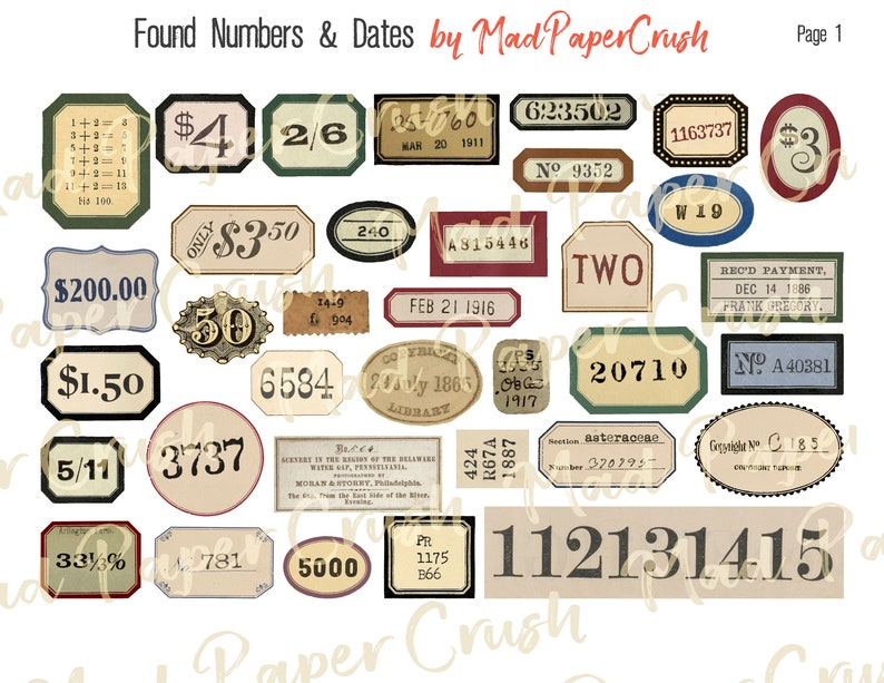 Vintage Numbers & Dates Ephemera | Printable Digital Labels (digital ...
