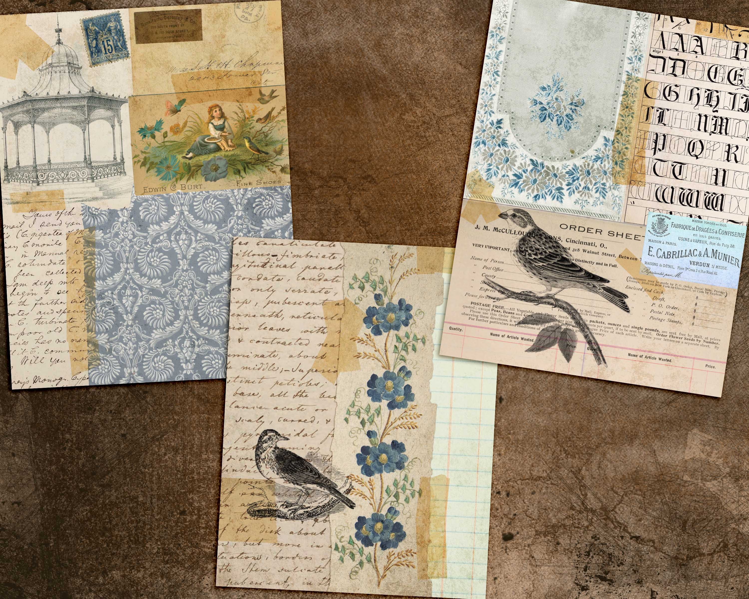 Vintage Bird Junk Journal Kit | Blue Ephemera, Collage Paper (digital ...