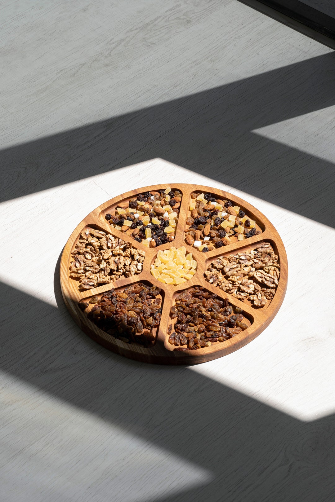 Sectional Serving Tray Round Wooden Snack Fruit Dish, Charcuterie Bowls ...