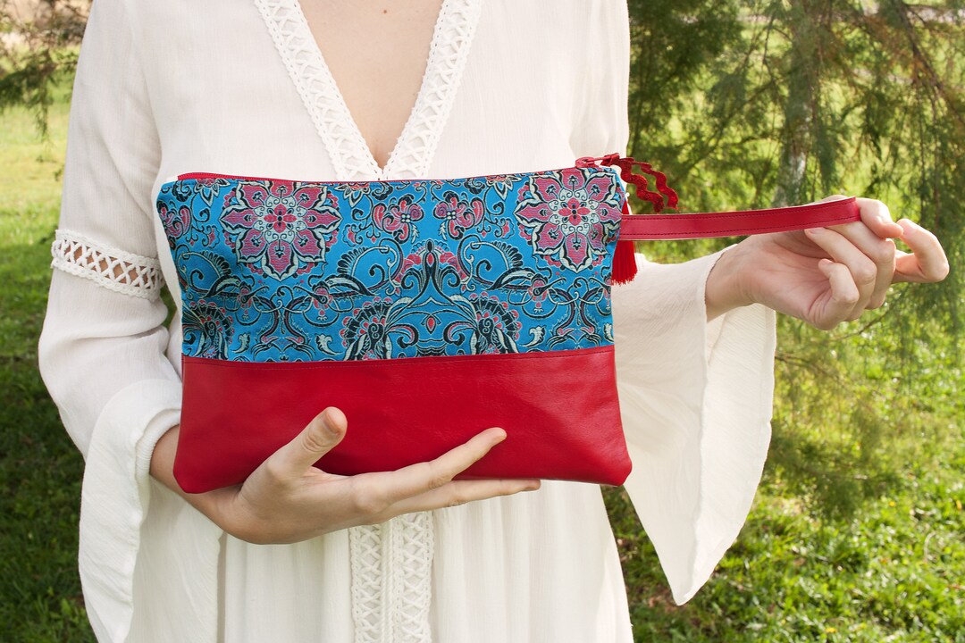 Boho Pouch Bag, Bohemian Clutch Bag, Blue Hippie Handbag, Red Leather ...
