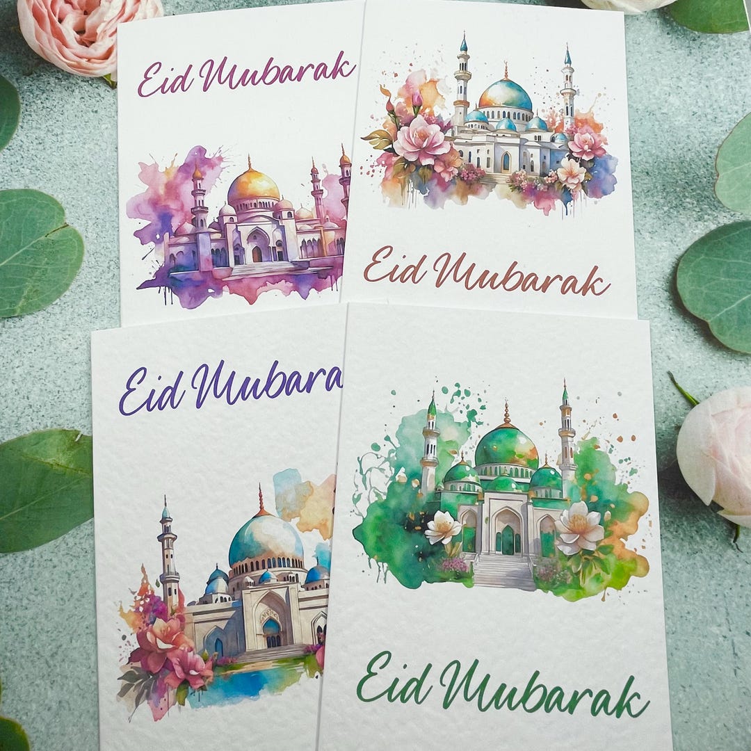 Set of 4 Eid Mosque Cards, Eid Mubarak Cards, Mosque Greeting Cards ...