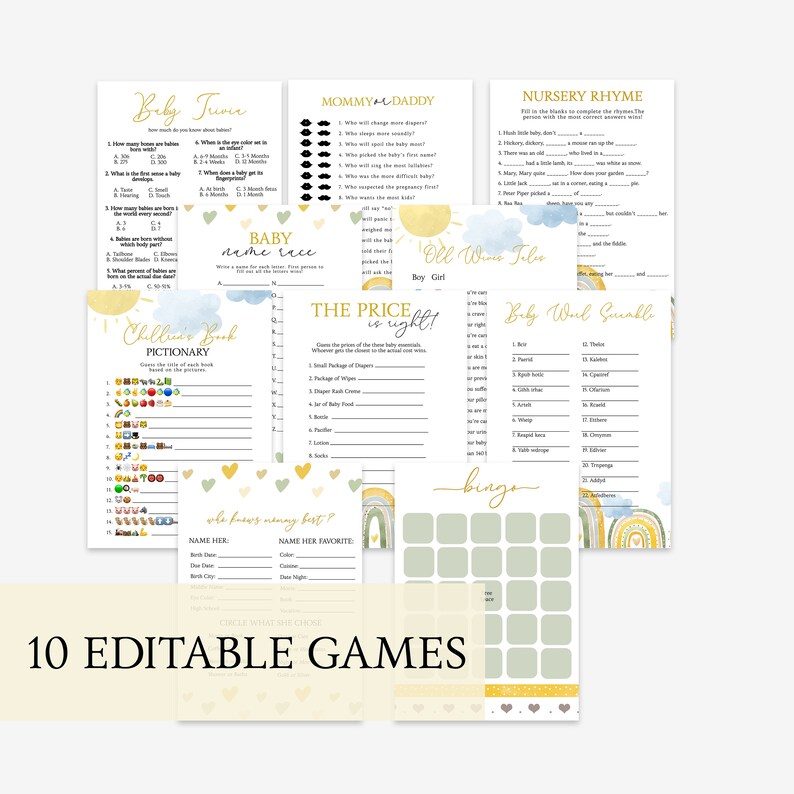 Editable Sunshine Baby Shower Game Bundle Game Set Self Edit Template ...