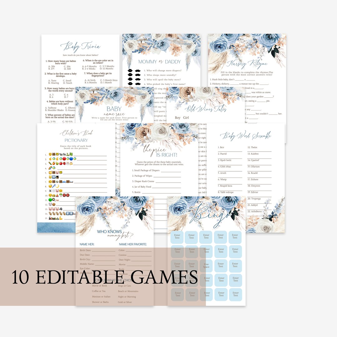Editable Blue Boho Baby Shower Game Bundle | Game Set | Self Edit ...
