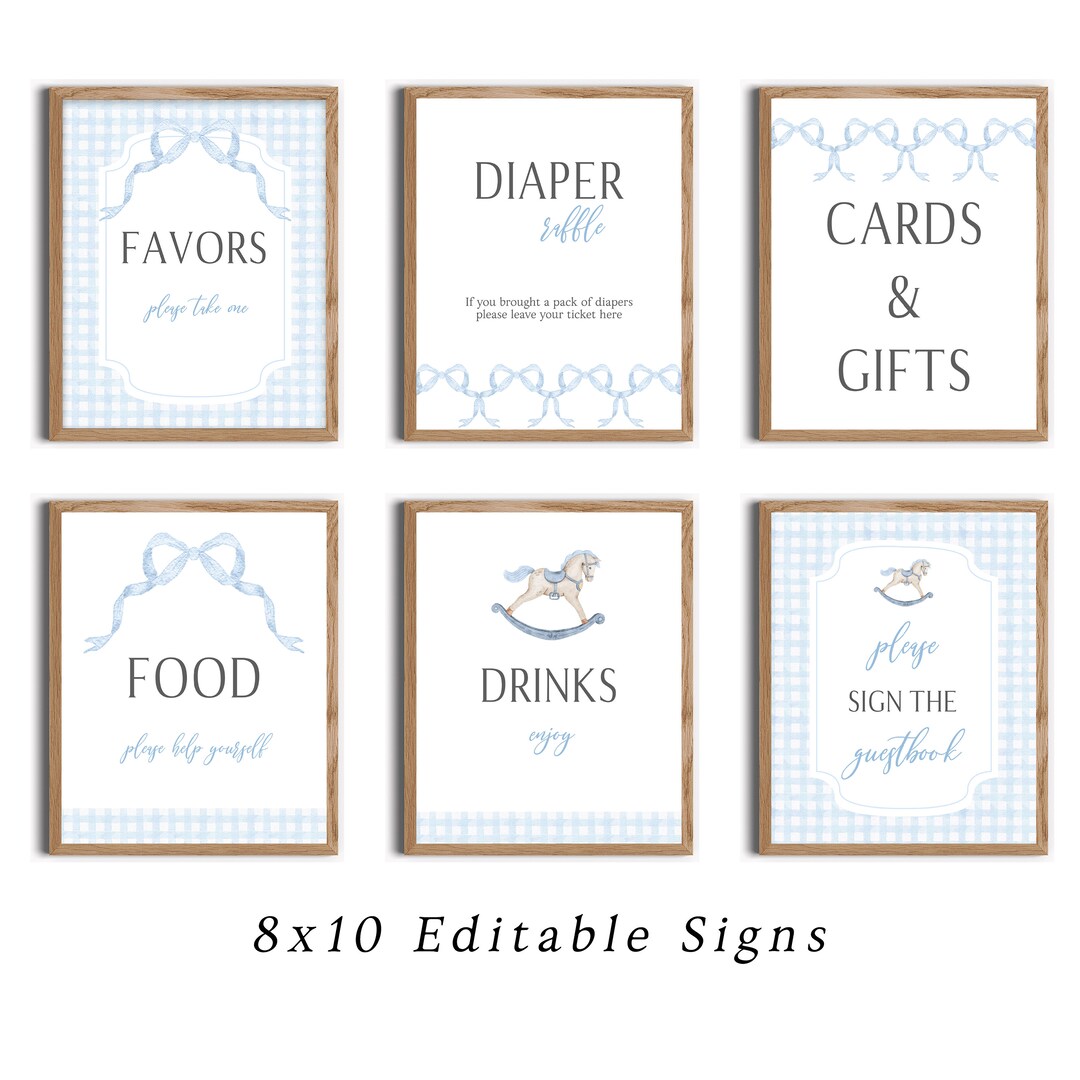 Editable Baby Blue Boy Baby Shower Sign Set | Gingham Classic Baby ...