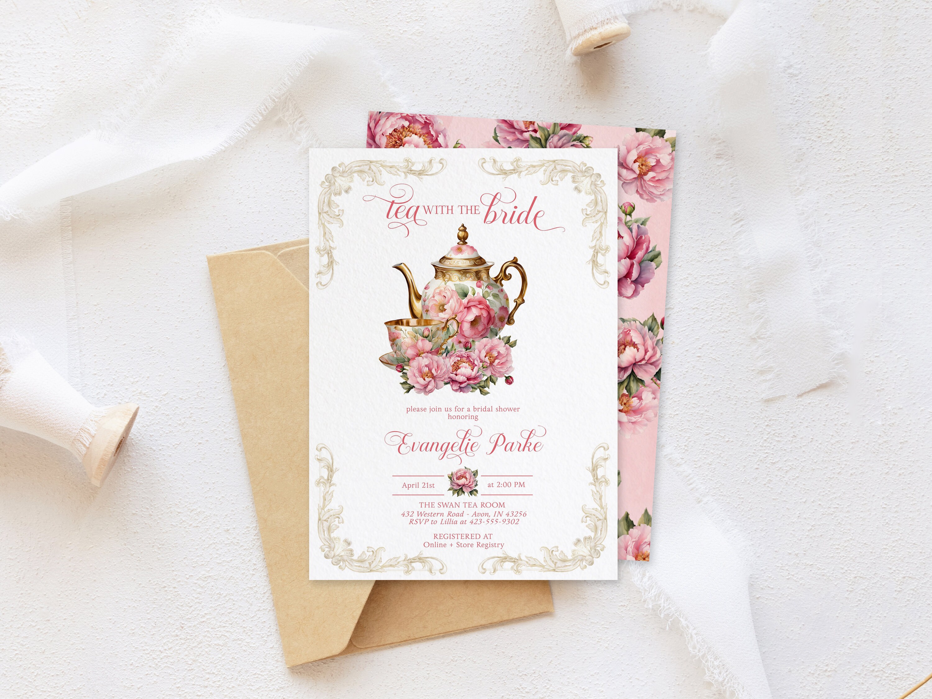 English Tea Party Bridal Shower Invitation Victorian Pink and Gold Tea ...