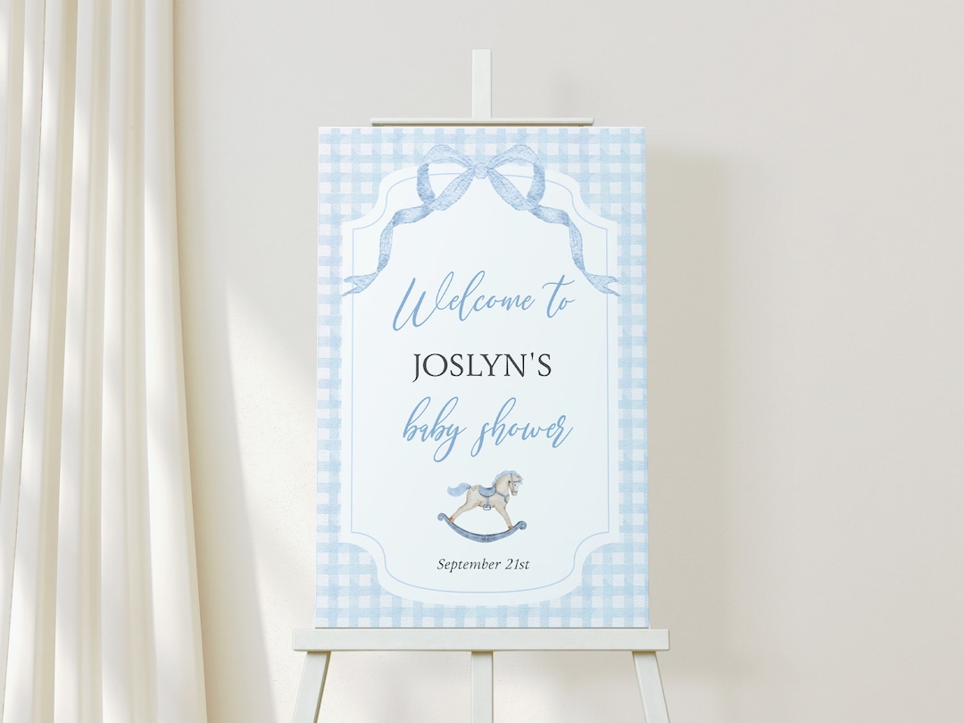 Baby Blue Boy Baby Shower Welcome Sign | Gingham Baby Shower Party Sign ...