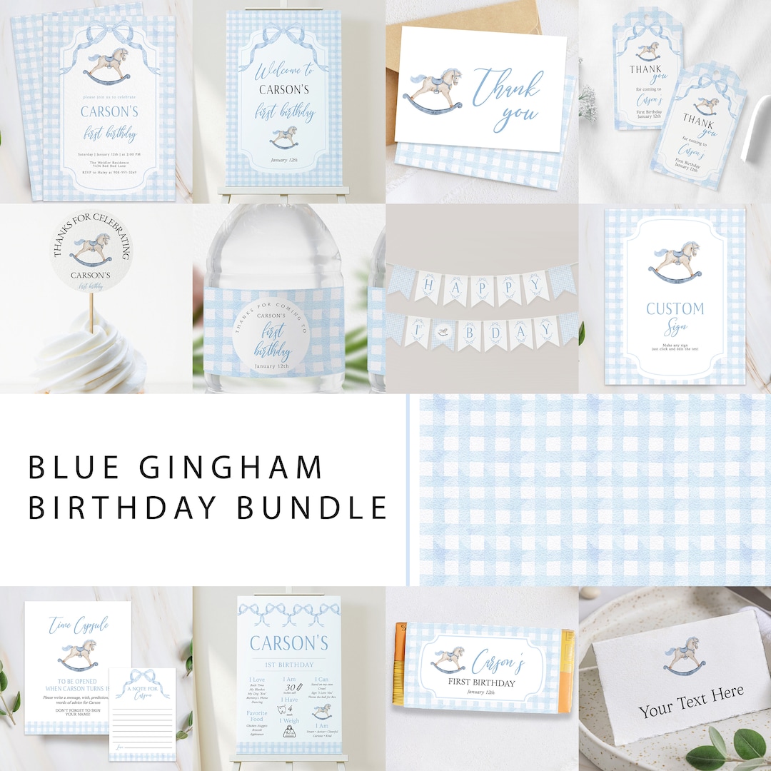 Editable Baby Blue Gingham Birthday Bundle | Traditional Kids Birthday ...