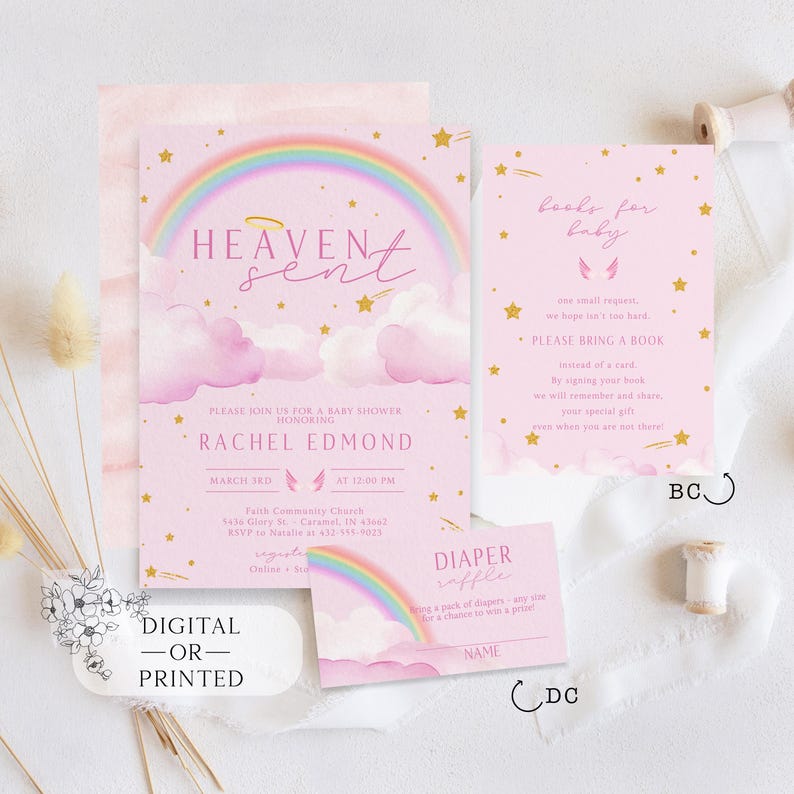 Editable Girl Pink Heaven Sent Baby Shower Invitation Cloud and Rainbow ...