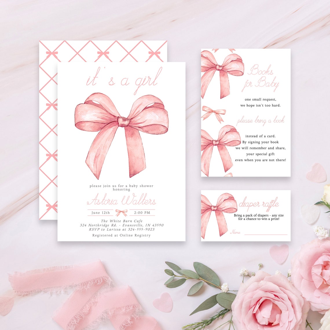Editable Pink Bow Baby Shower Invitation Set, Baby Girl Shower, Baby ...