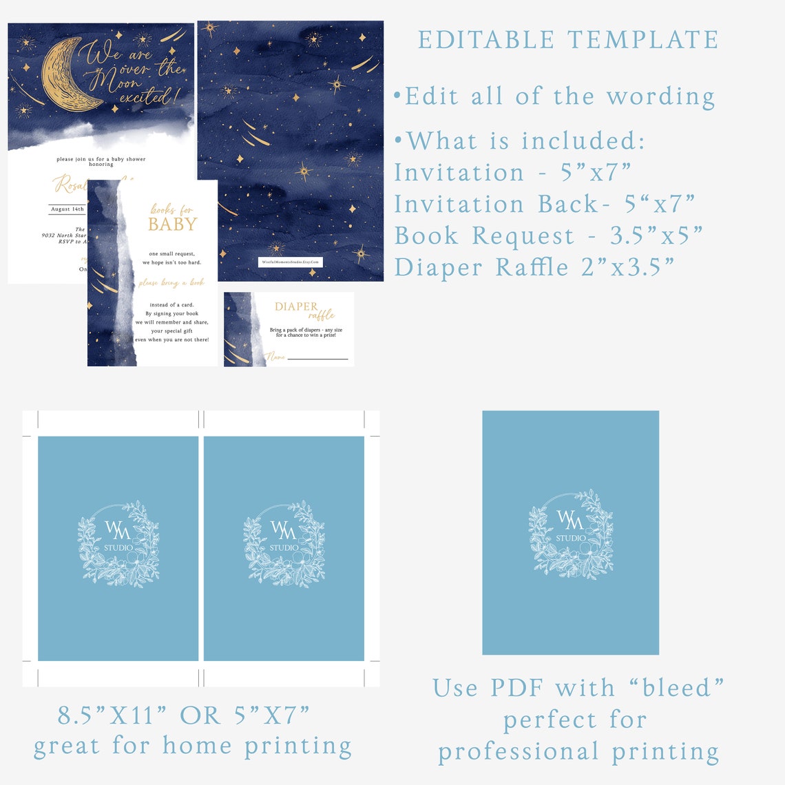 Editable Over the Moon Baby Shower Invitation Template, Blue Twinkle ...