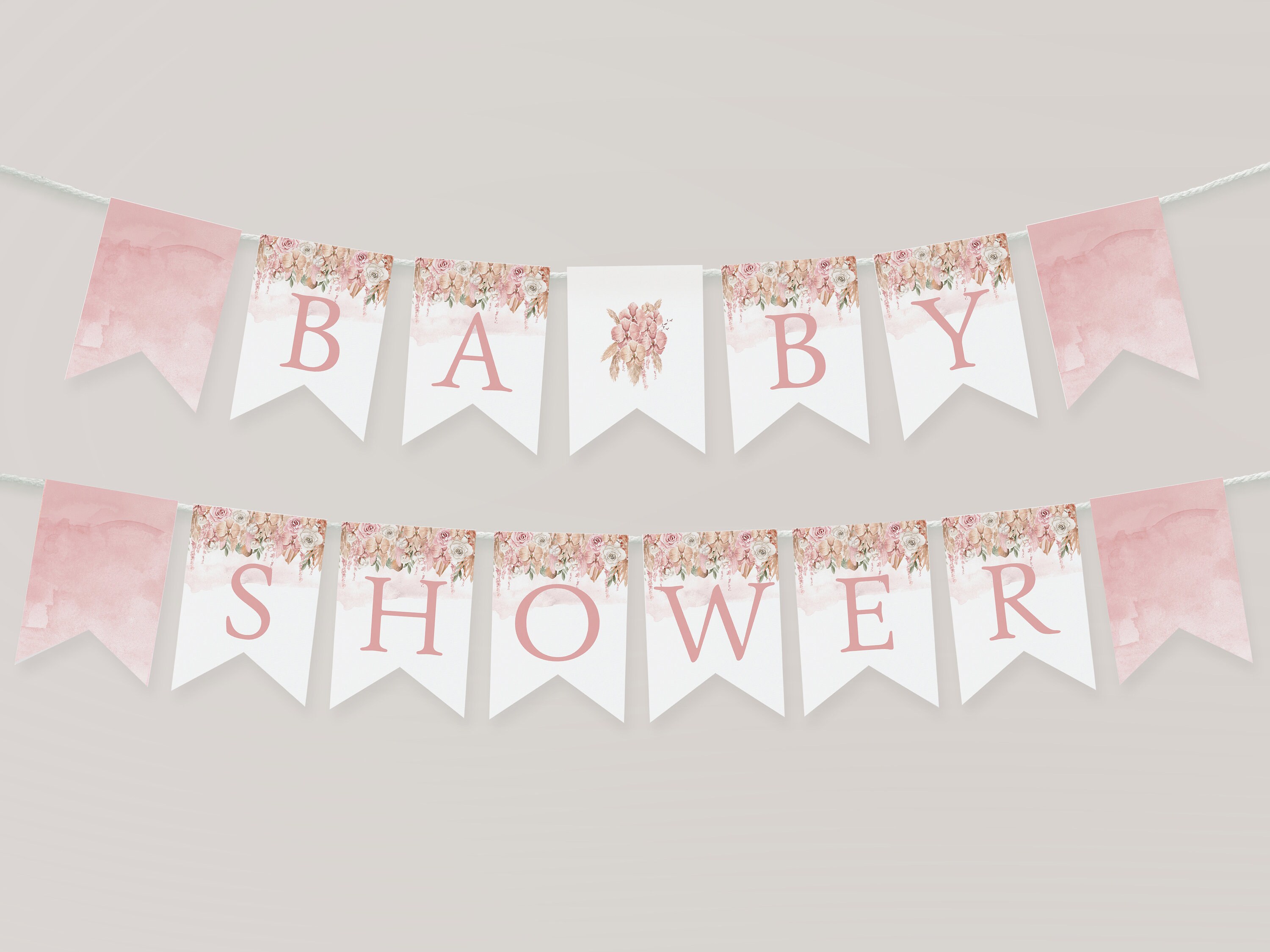 Editable Pink Boho Pampas Baby Shower Banner | Boho Girl Baby Shower ...