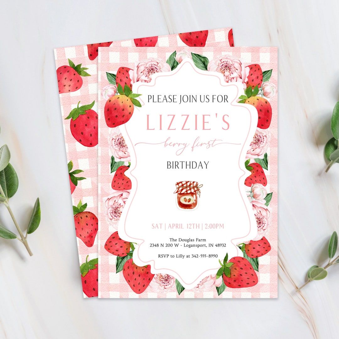 Editable Strawberry First Birthday Party Invitation Kids Birthday ...