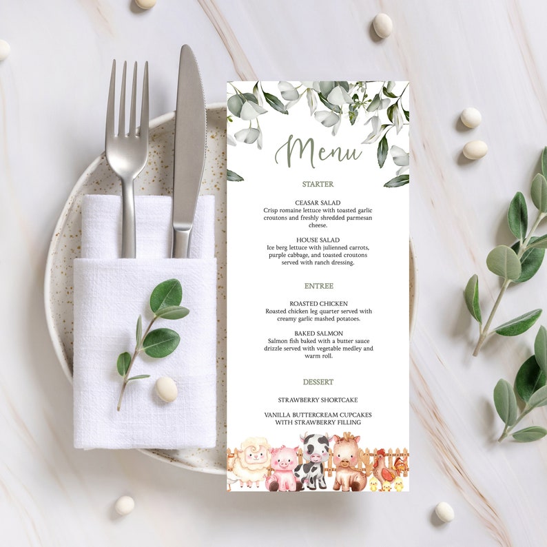 Editable Barn Animal Baby Shower Menu | Farm Animal Baby Brunch Menu ...