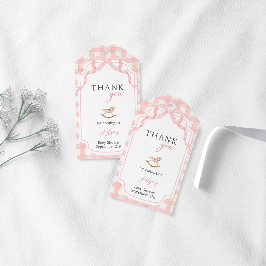 Editable Girl Pink Gingham Baby Shower Favor Tag | Classic Bow Baby ...