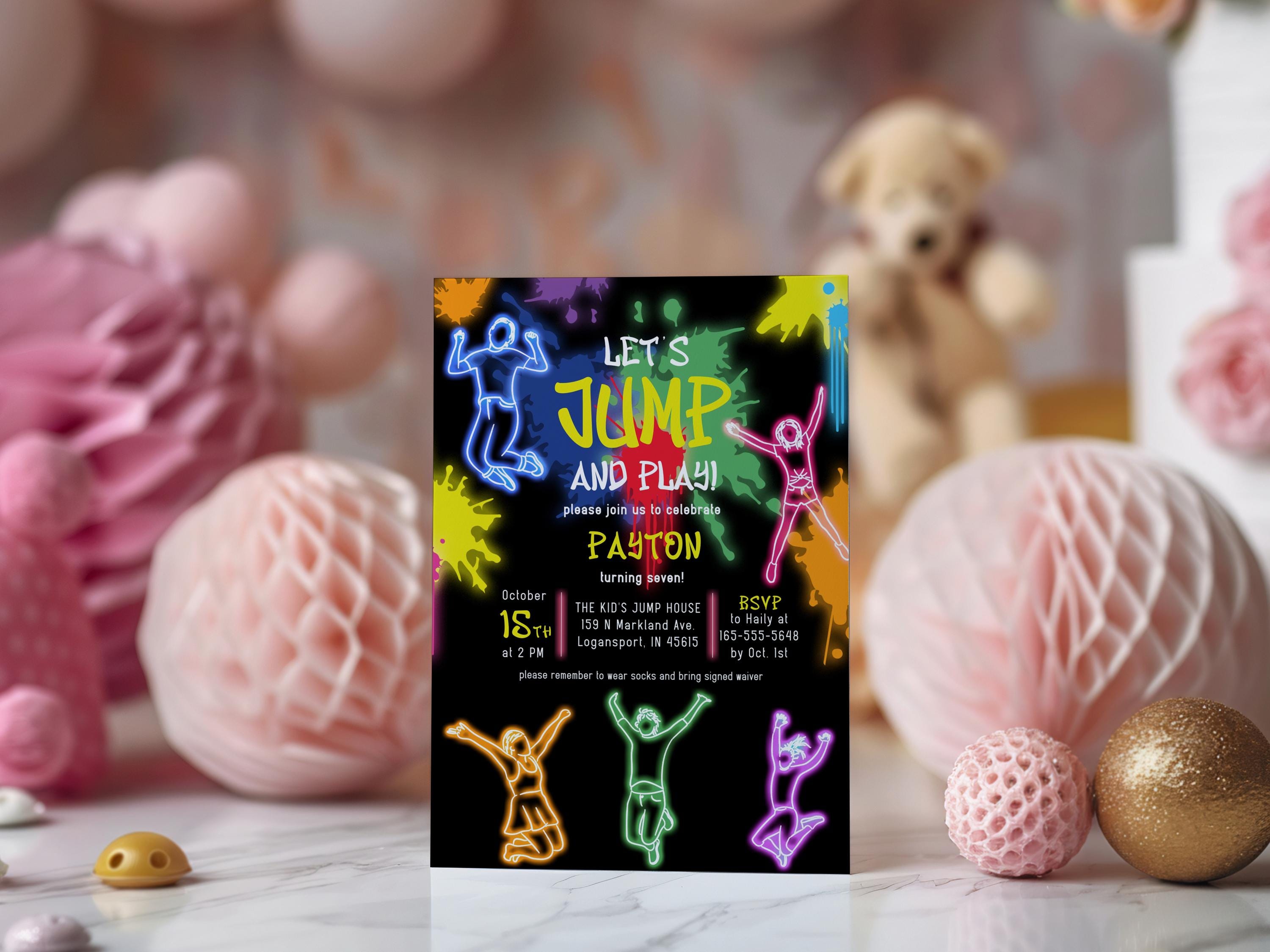 Editable Let's Jump Kids Birthday Invitation, Neon Blacklight Glow ...