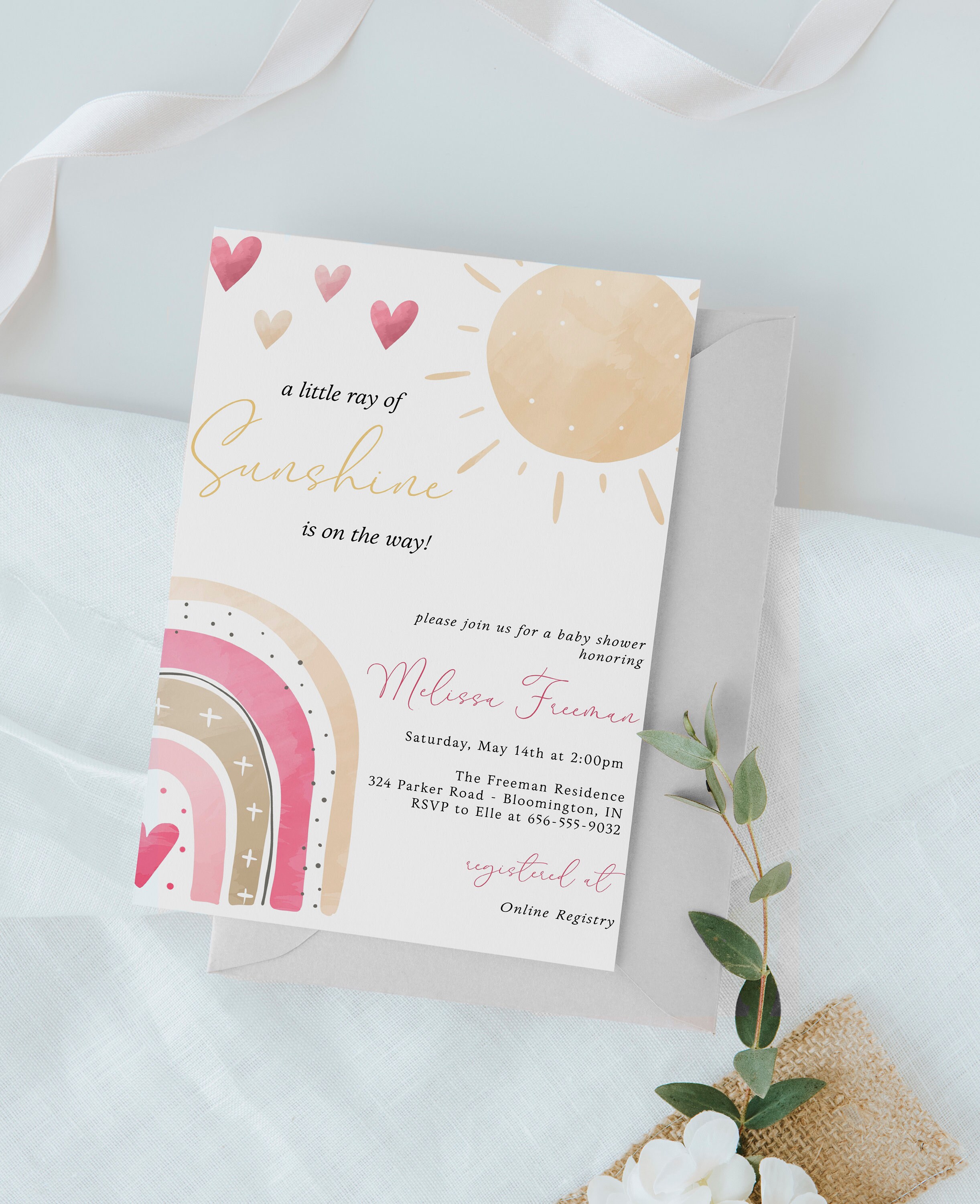 Editable Little Sunshine Baby Shower Invitation | Boho Sunshine Baby ...