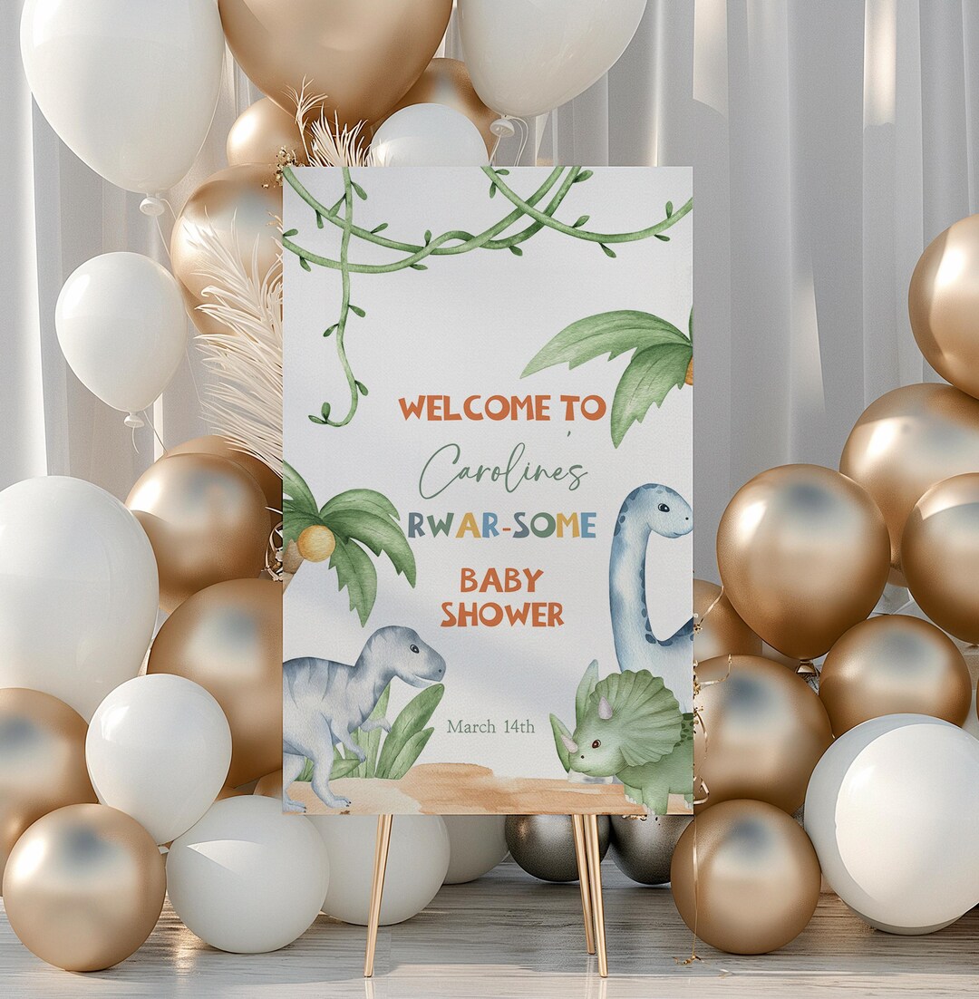 Dinosaur Welcome Sign, Boho Dino Baby Shower Welcome Sign Printable, T ...