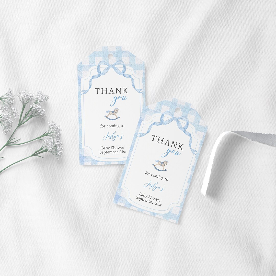 Editable Boy Blue Gingham Baby Shower Favor Tag | Classic Bow Baby ...