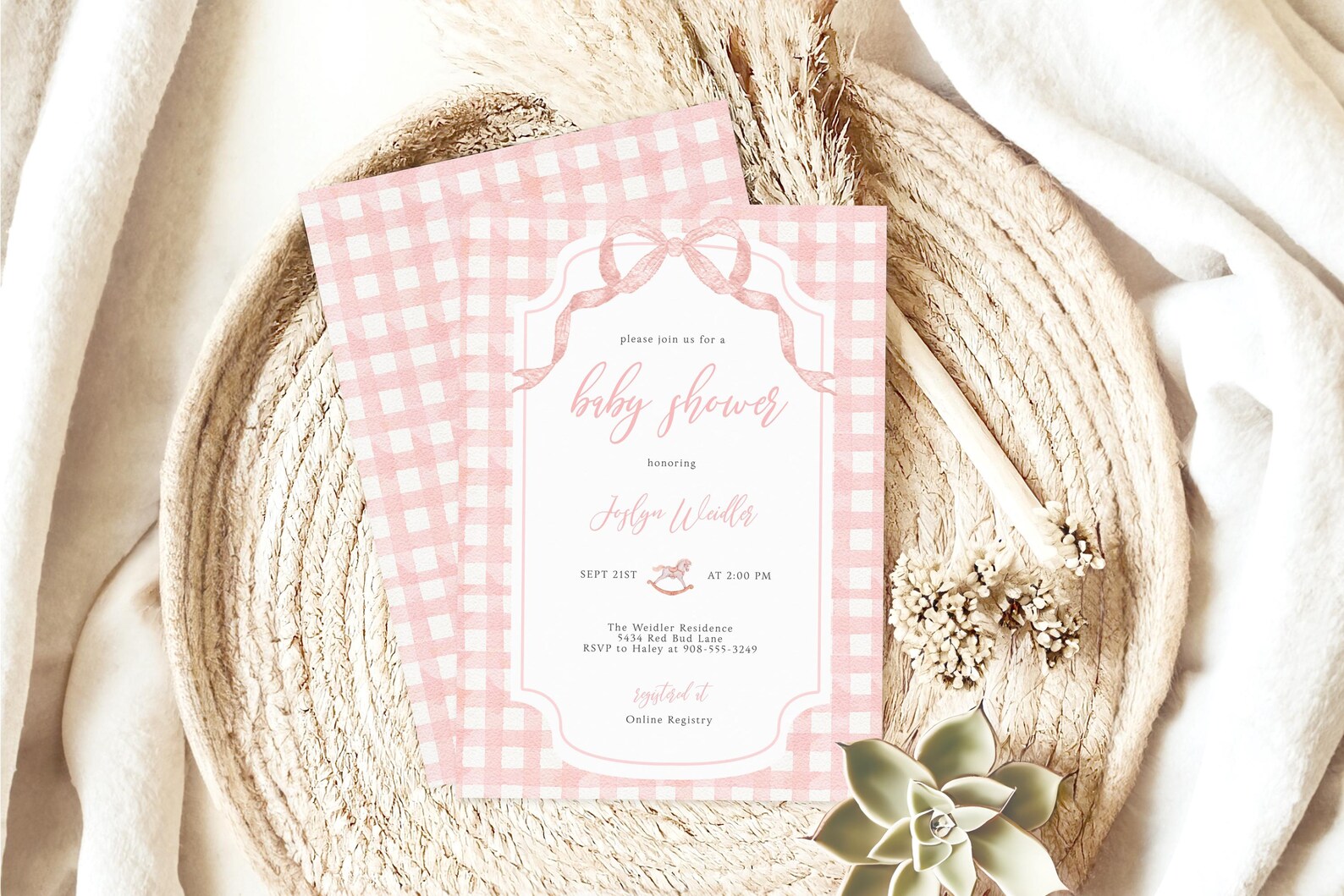 Girl Pastel Pink Baby Shower Invite | Gingham Baby Shower Invitation ...