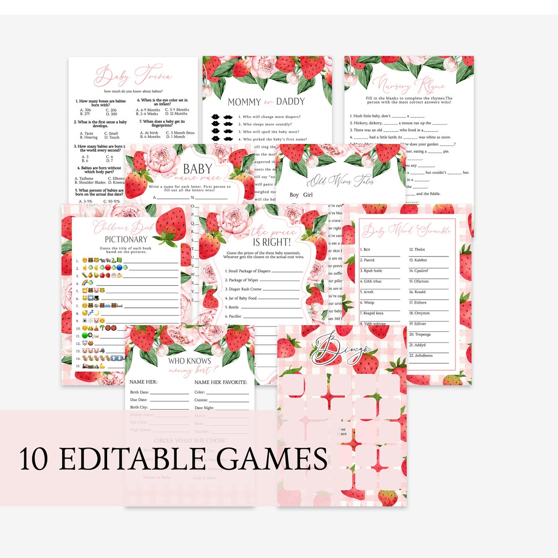Editable Strawberry Baby Shower Game Bundle | Game Set | Self Edit ...