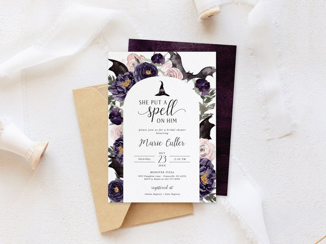 Halloween Bridal Shower Invitation Purple Floral Bridal Shower Invite ...